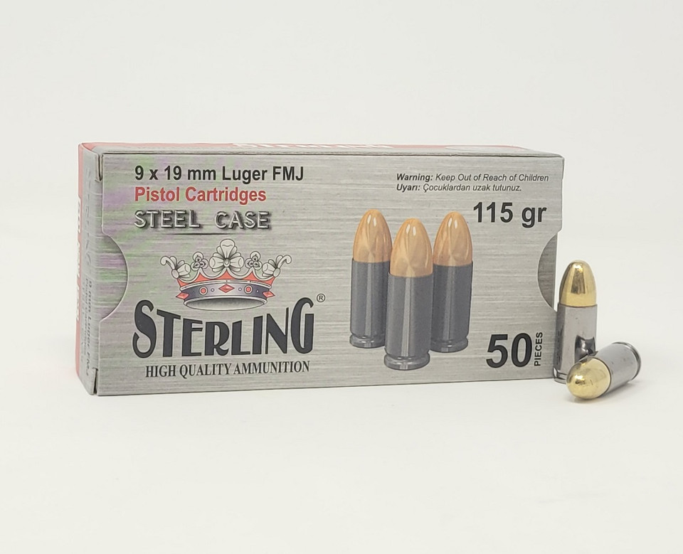 Sterling 9mm Luger Ammunition STRLG9MMSTEEL 115 Grain Steel Cased Full ...