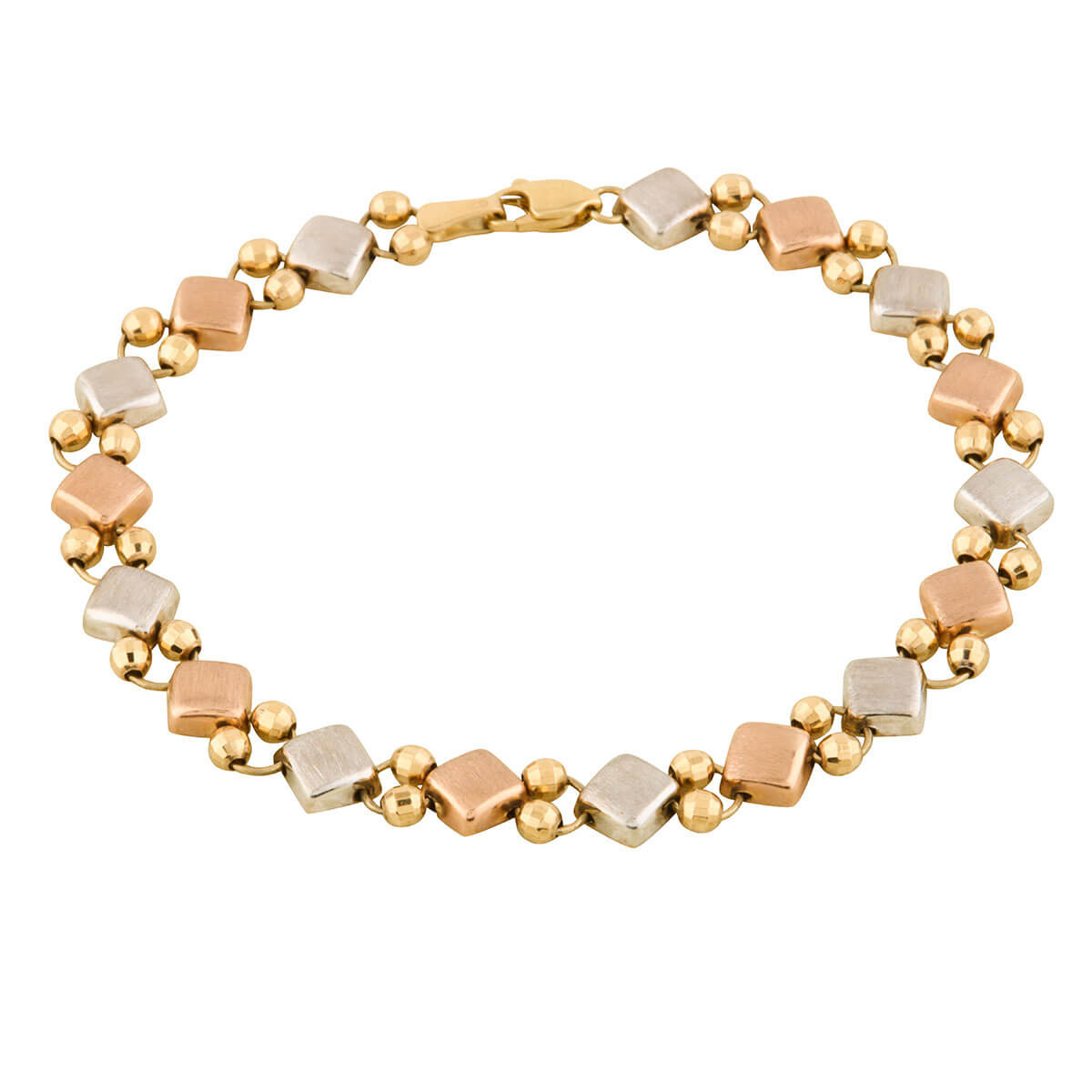9ct 3 Colour Gold Square & Bead Bracelet | RH Jewellers