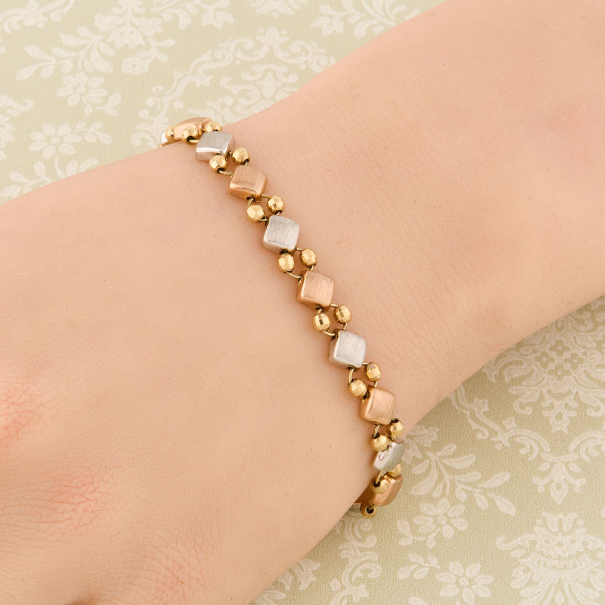 9ct 3 Colour Gold Square & Bead Bracelet | RH Jewellers