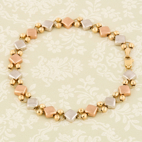 9ct 3 Colour Gold Square & Bead Bracelet | RH Jewellers
