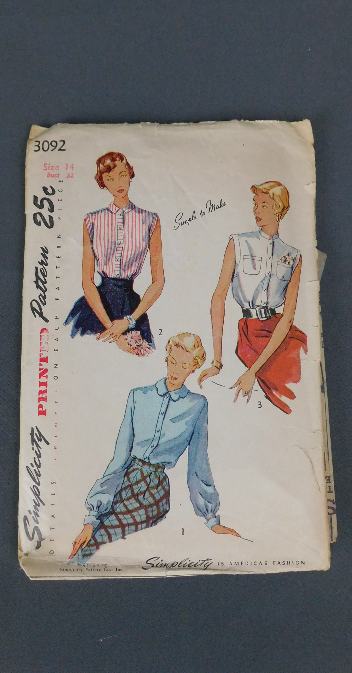 Vintage 1950s Darted Blouse Pattern, Simplicity 3092, 32 bust