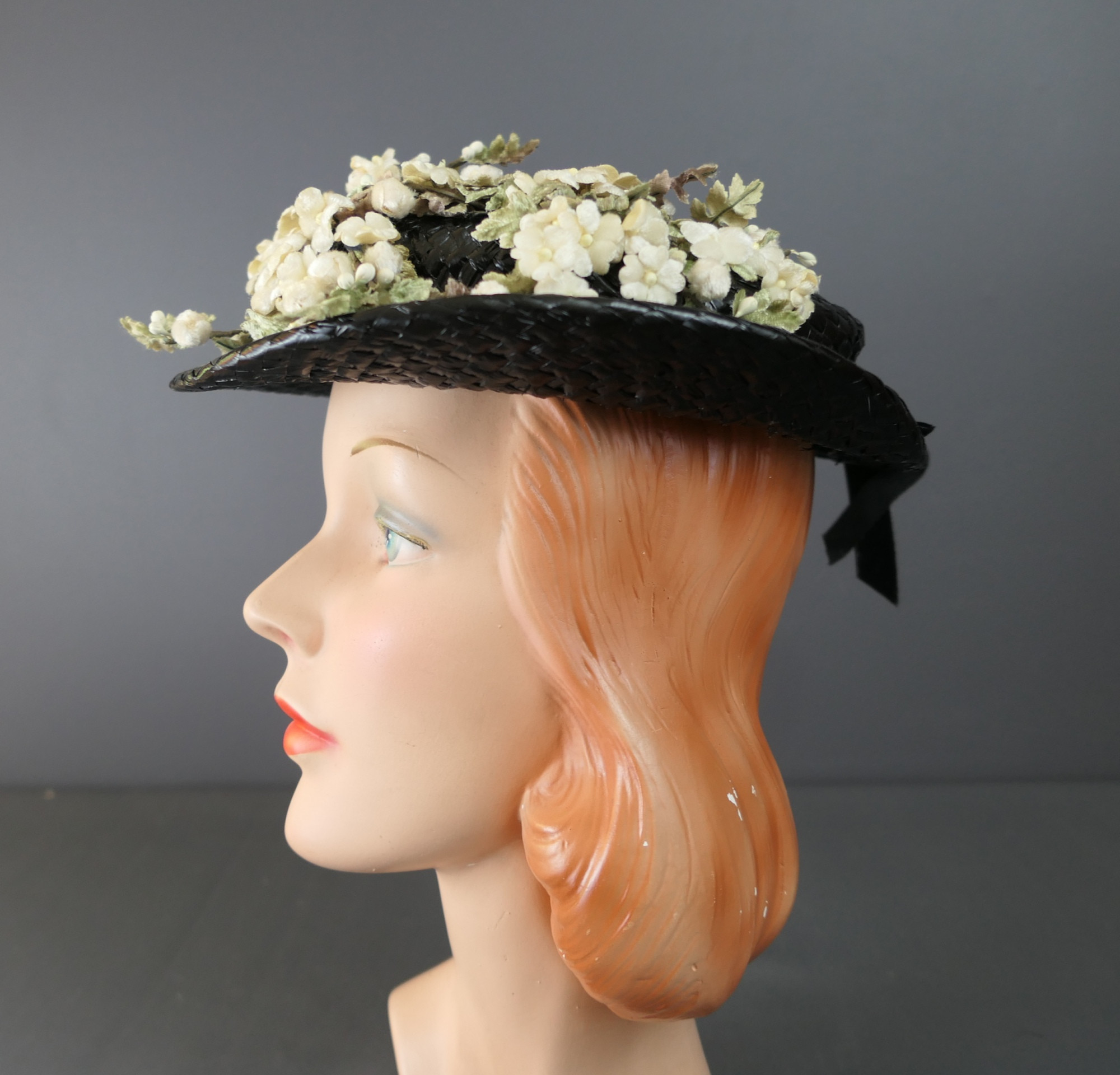Vintage 1930s Black Straw Hat, Tilt with Small Ivory Velvet Flowers, 22 ...