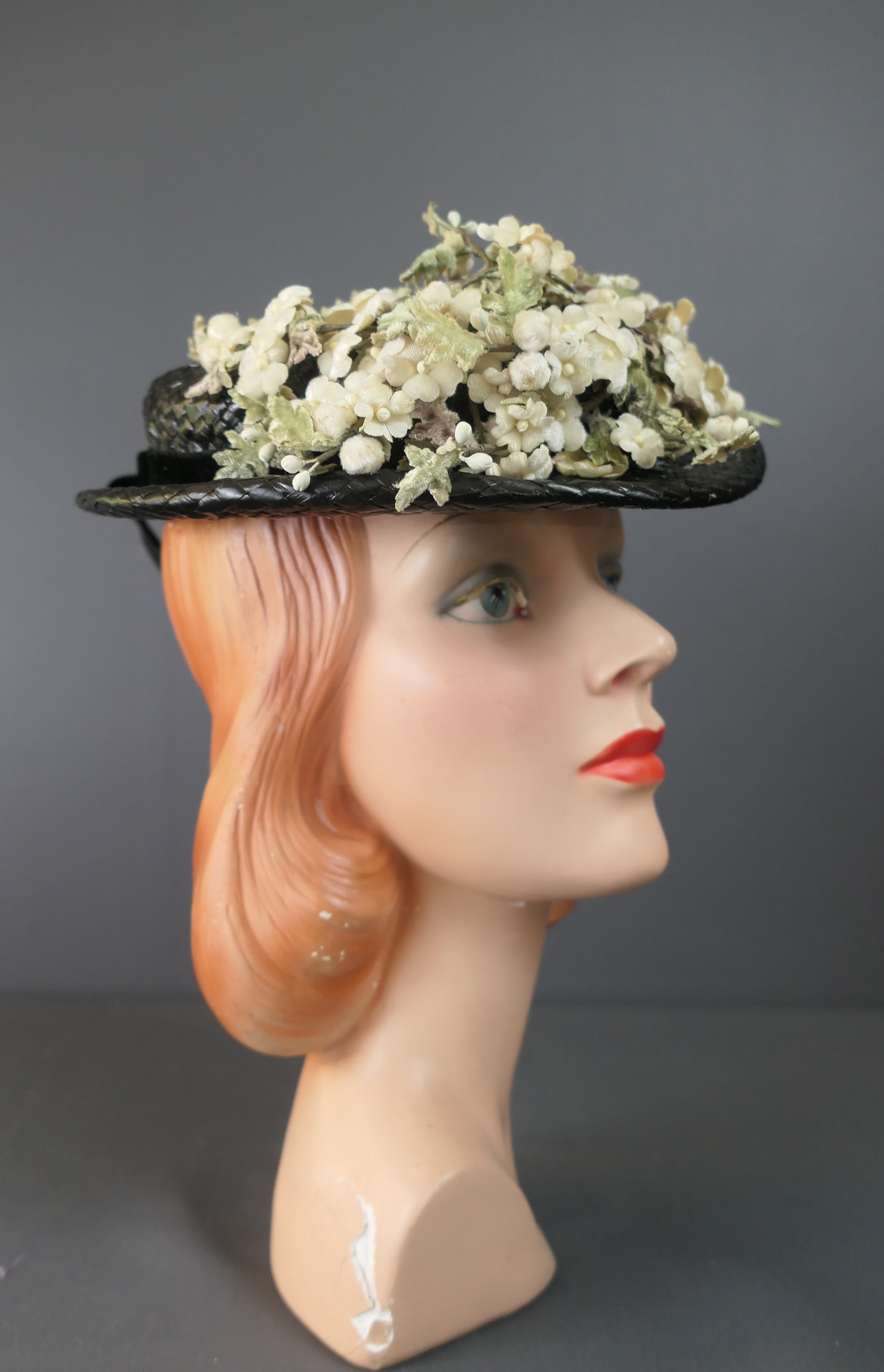 Vintage 1930s Black Straw Hat, Tilt with Small Ivory Velvet Flowers, 22 ...