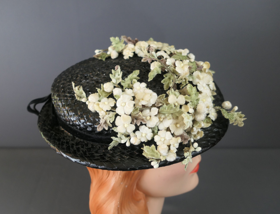Vintage 1930s Black Straw Hat, Tilt with Small Ivory Velvet Flowers, 22 ...