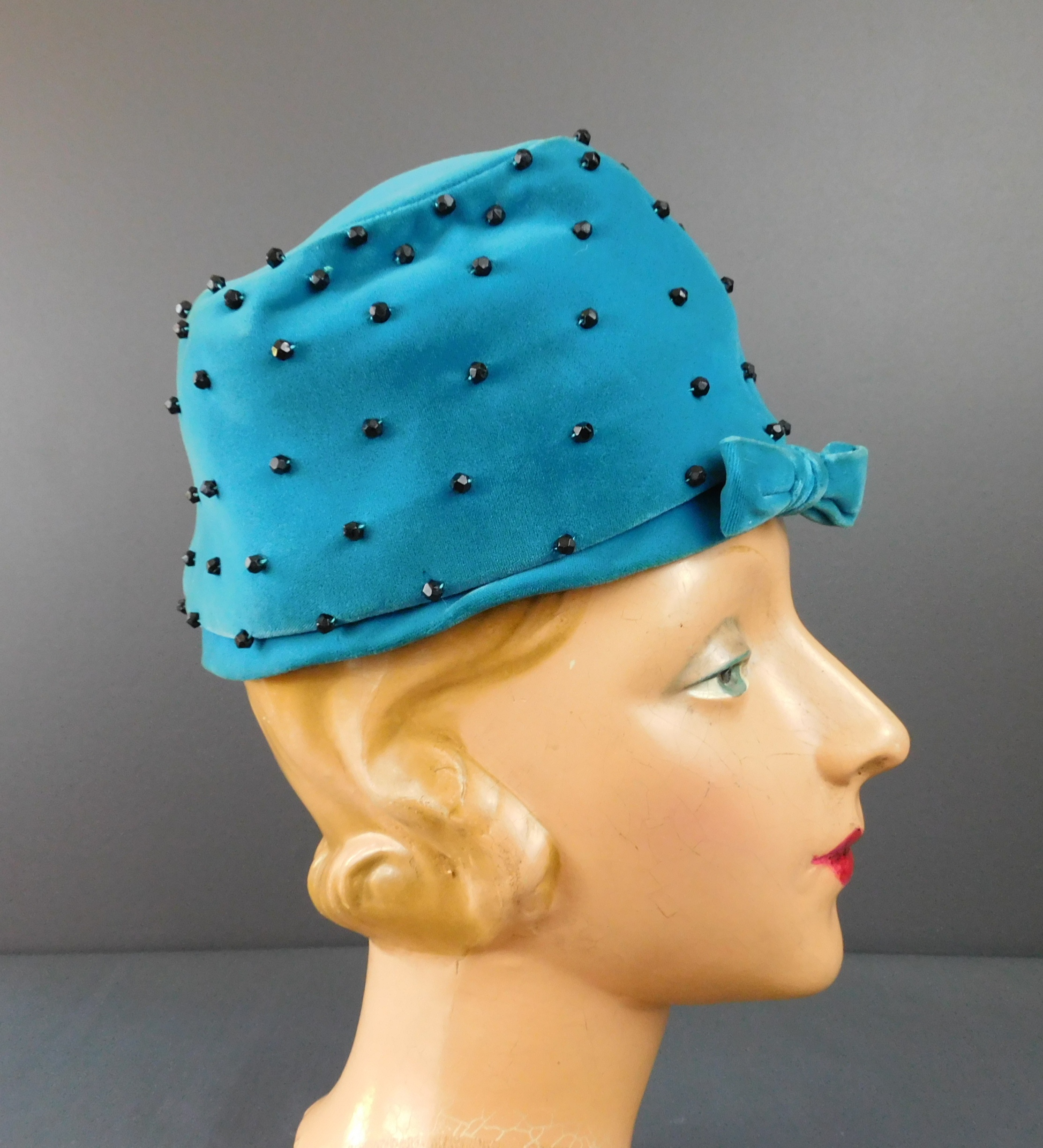 Vintage Turquoise Velvet Toque Hat with Black Beads, 1960s, 21 inch head