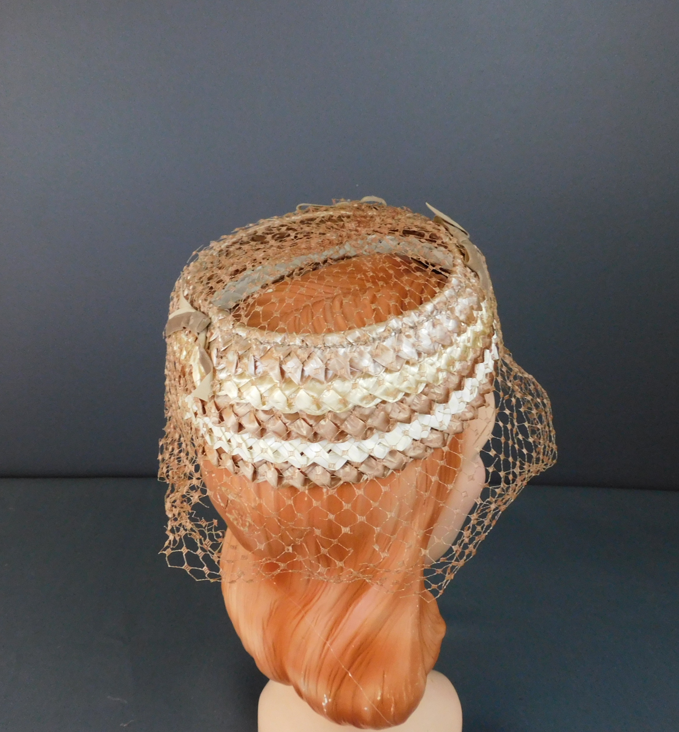 Vintage Beige & White Straw Hat, Open Ring with Netting, 1960s 21 inch head
