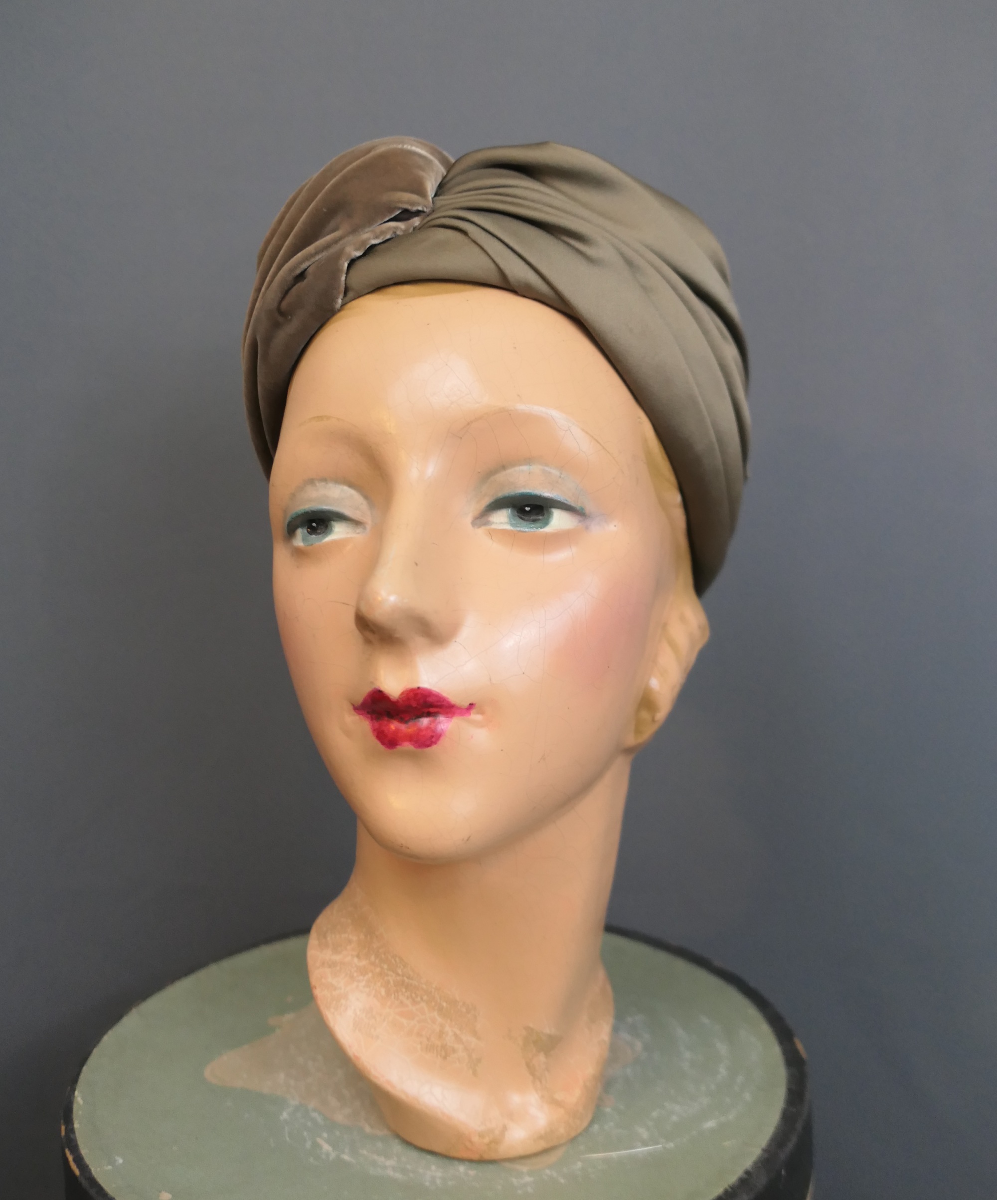 Vintage Velvet & Satin Hat, Light Brown Turban Style, 1960s, 21 inch head