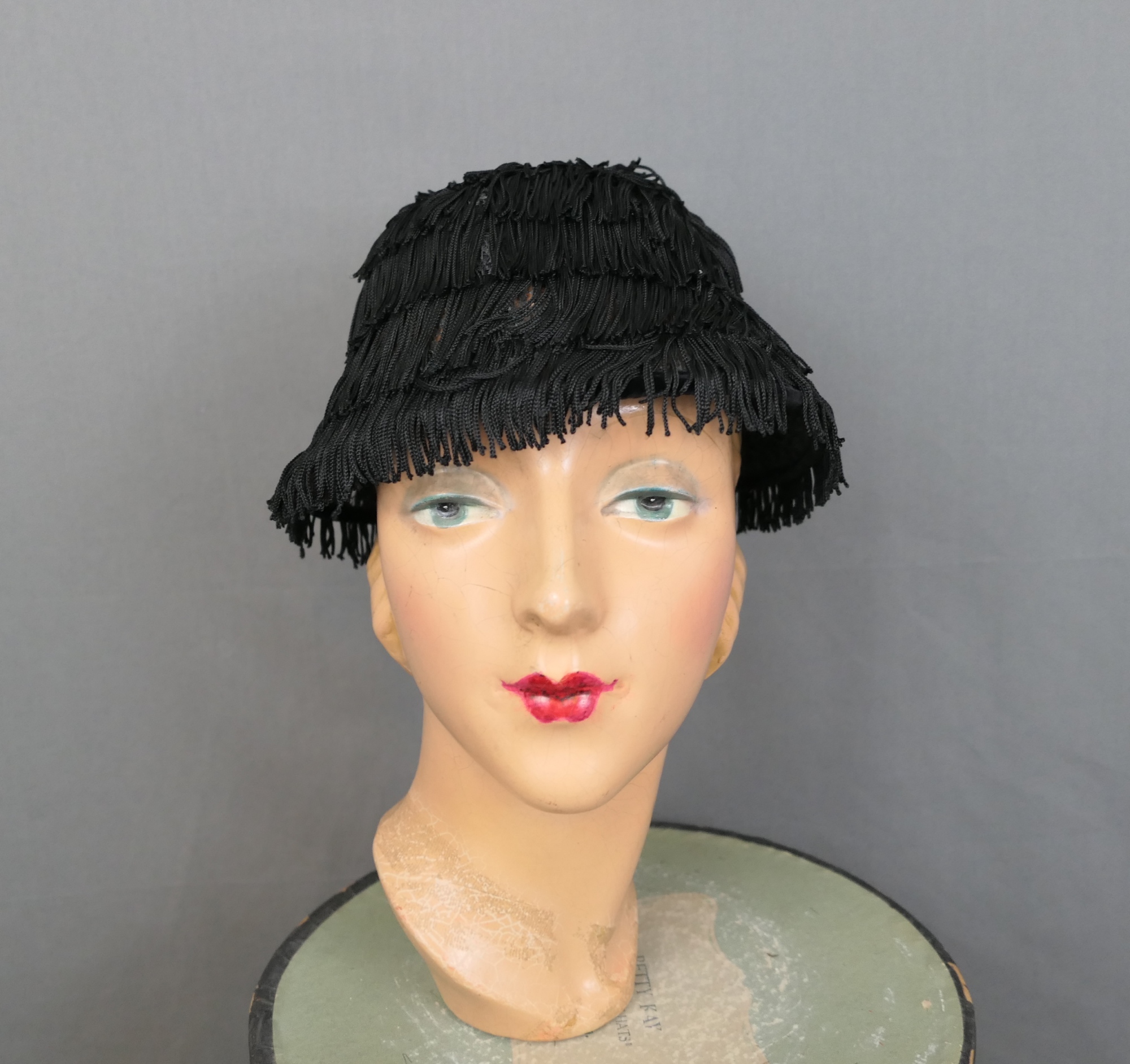 Fun Vintage Black Fringe Hat Evening Party 1960s, 21 inch head