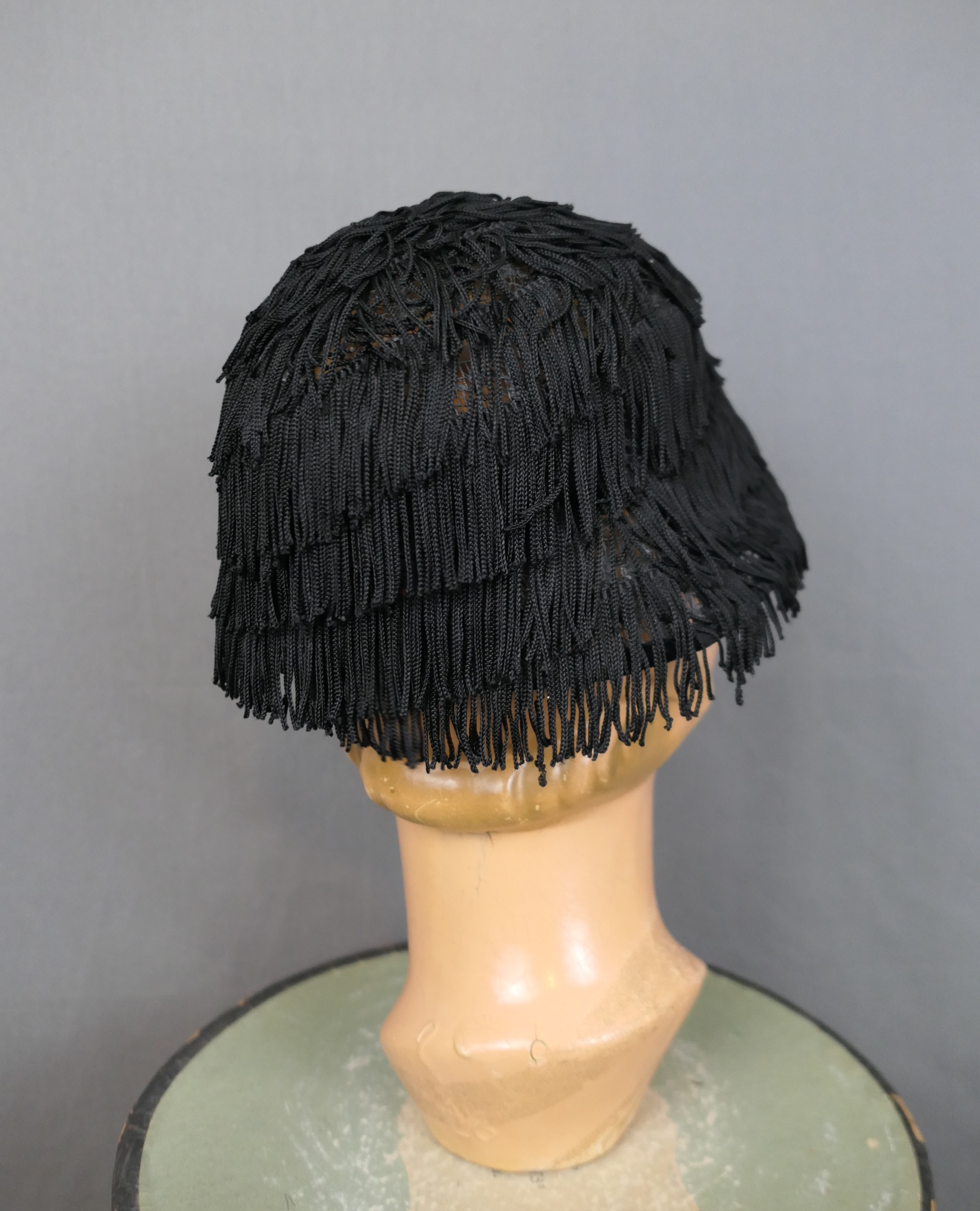Fun Vintage Black Fringe Hat Evening Party 1960s, 21 inch head