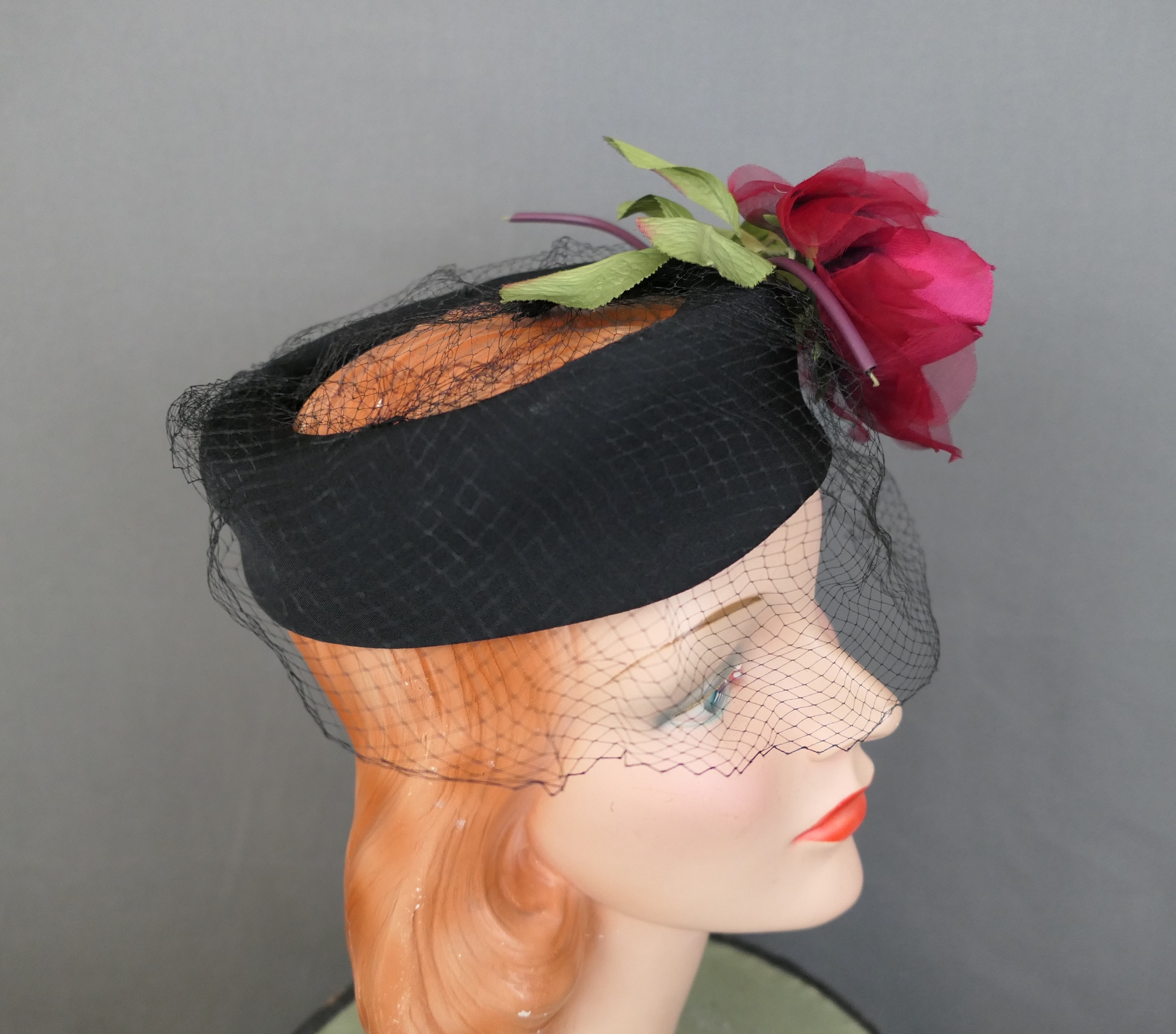 Vintage Black Floral Ring Hat with Open Top and Veil, 1950s