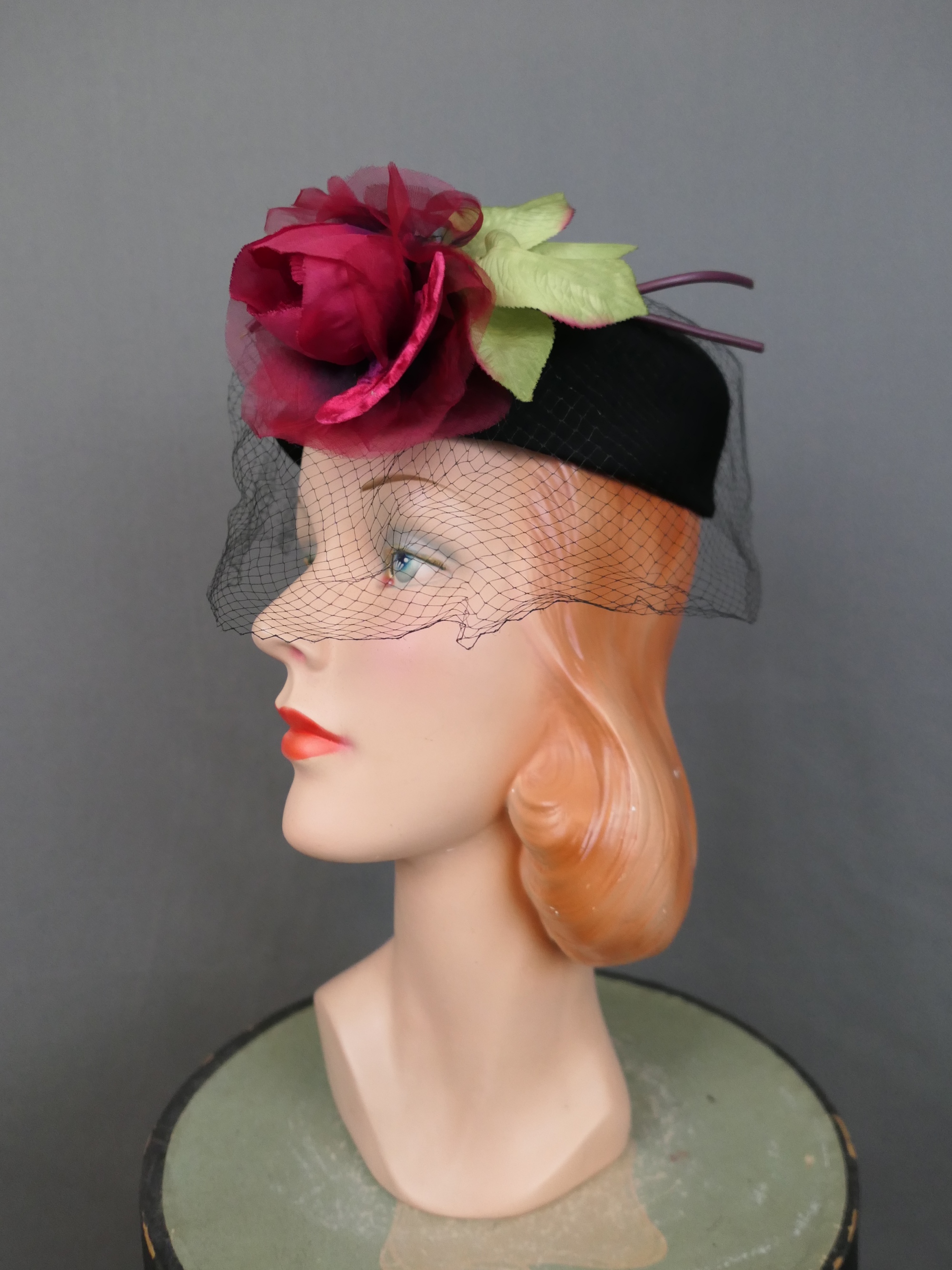 Vintage Black Floral Ring Hat with Open Top and Veil, 1950s