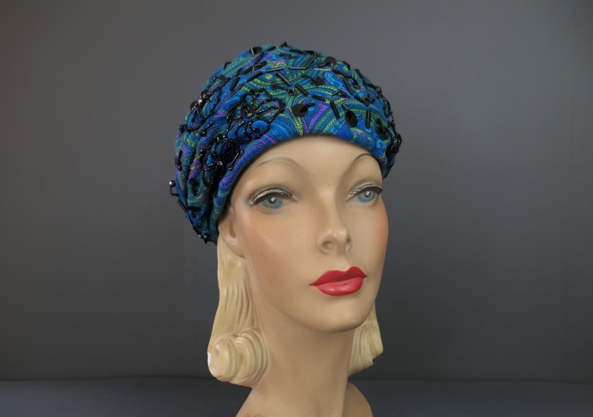 Vintage Turquoise Paisley Turban Hat Sequins & Beads, 1960s 22 inch ...