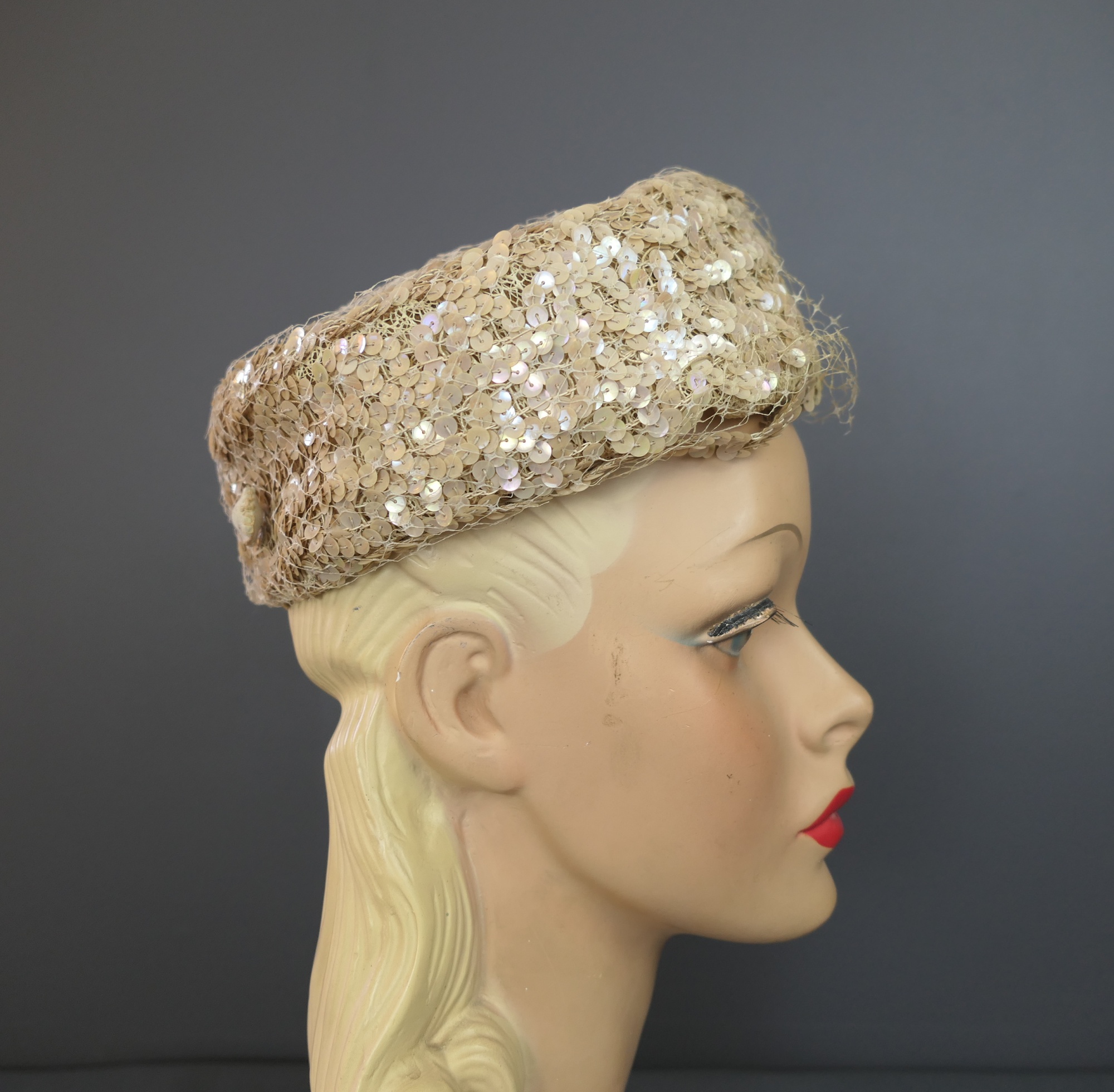 Vintage Ivory Sequin Evening Hat, 1960s, 21 inch head, some issues