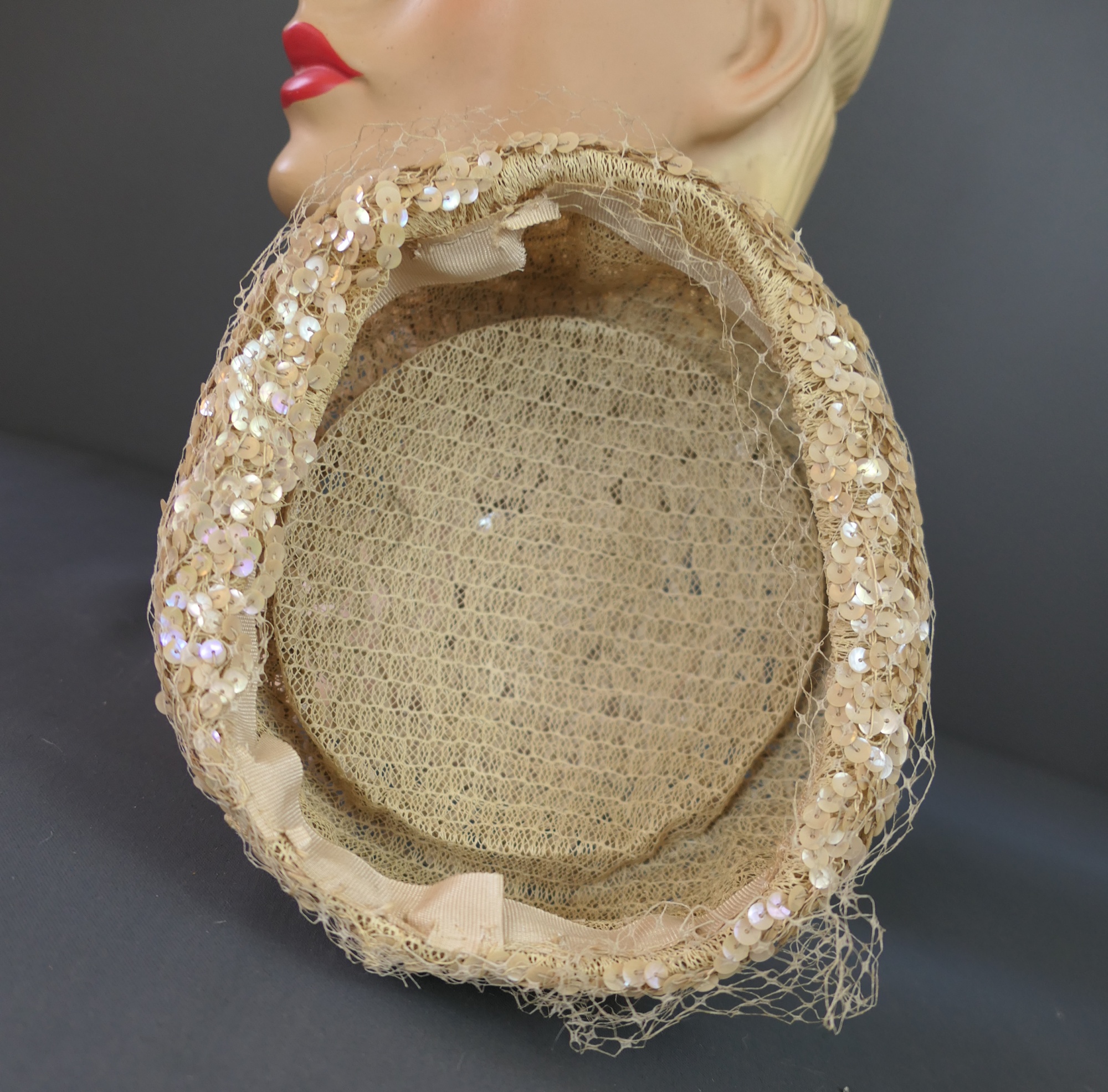 Vintage Ivory Sequin Evening Hat, 1960s, 21 inch head, some issues