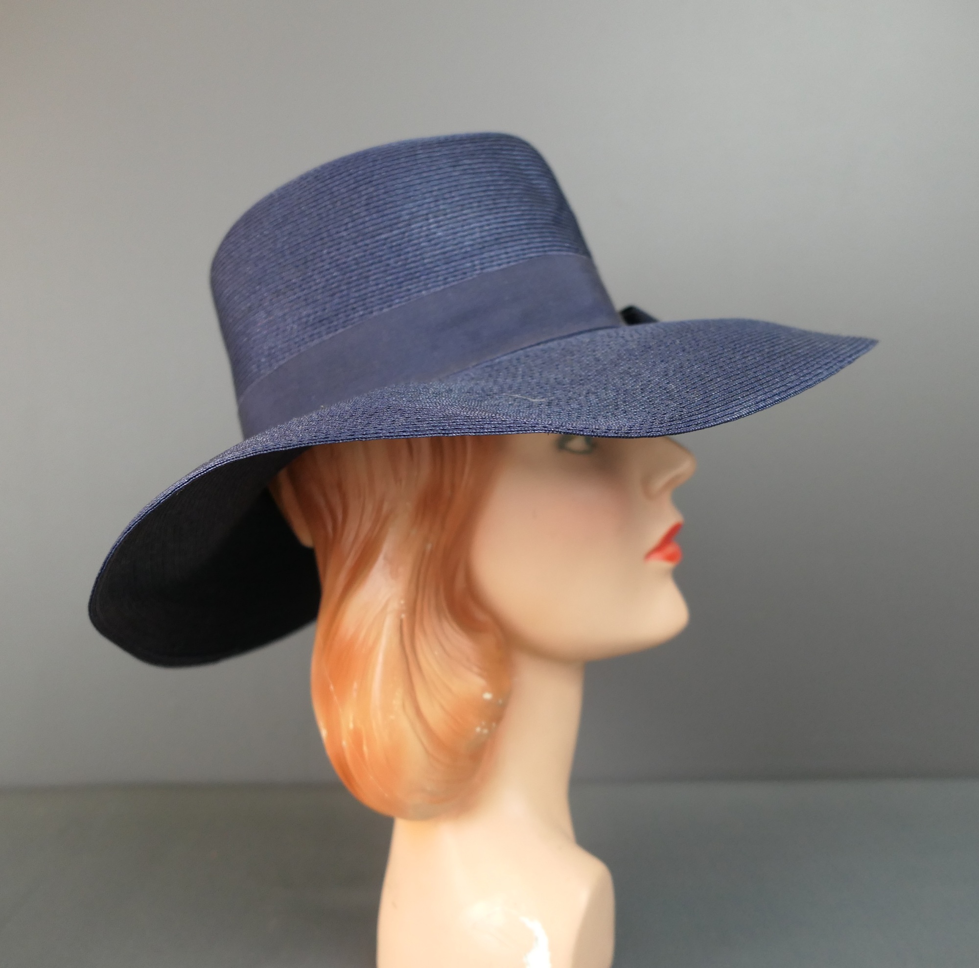 Vintage Dark Blue Wide Brim Hat, Straw with Big Flower, 1960s 22 inch ...