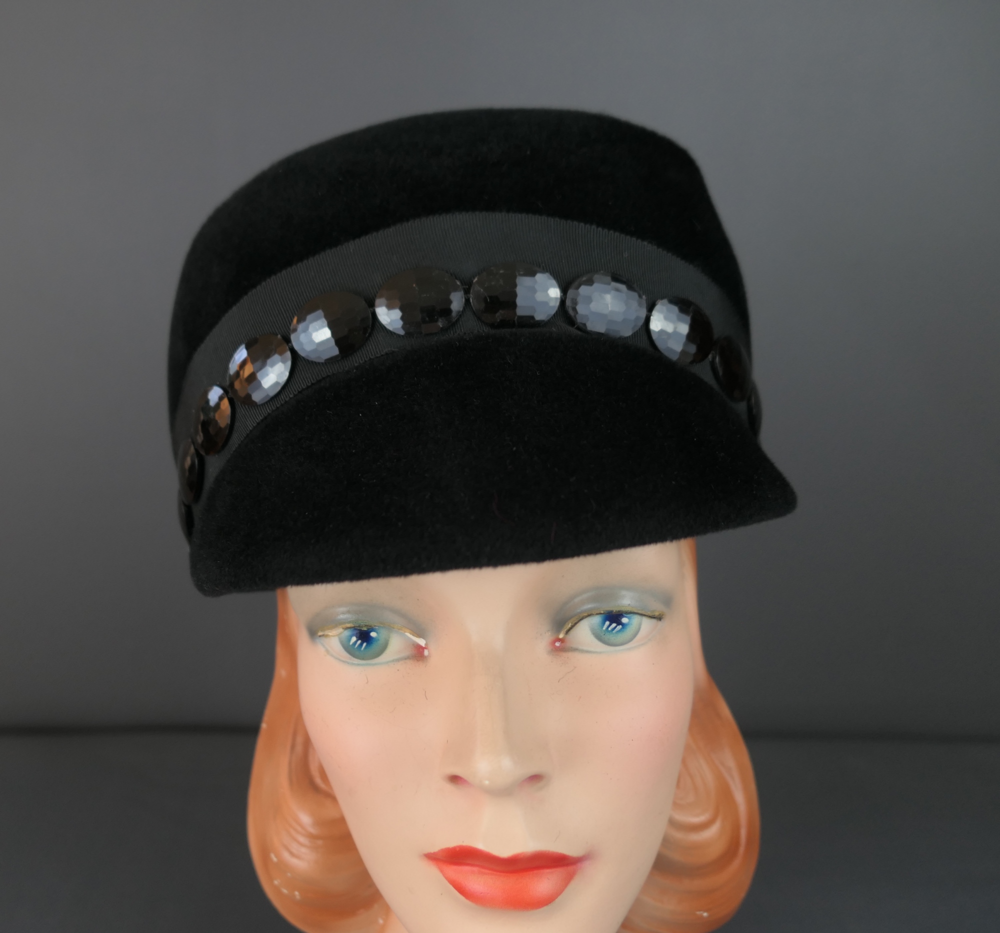 Vintage Black Plush Hat with Shiny Facet Cut Beads and Ribbon, 1960s ...