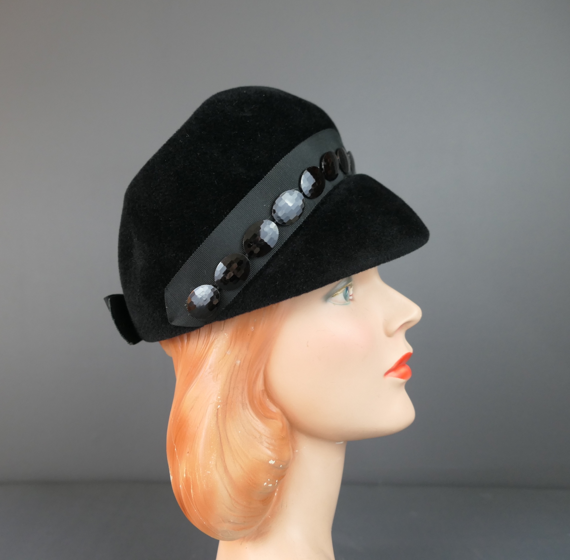 Vintage Black Plush Hat with Shiny Facet Cut Beads and Ribbon, 1960s ...