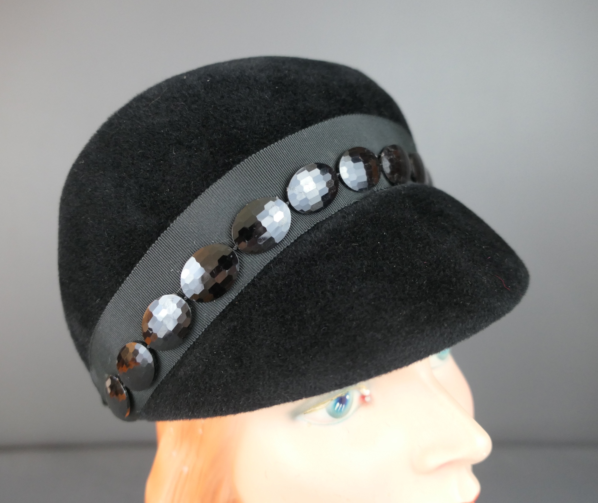 Vintage Black Plush Hat with Shiny Facet Cut Beads and Ribbon, 1960s ...