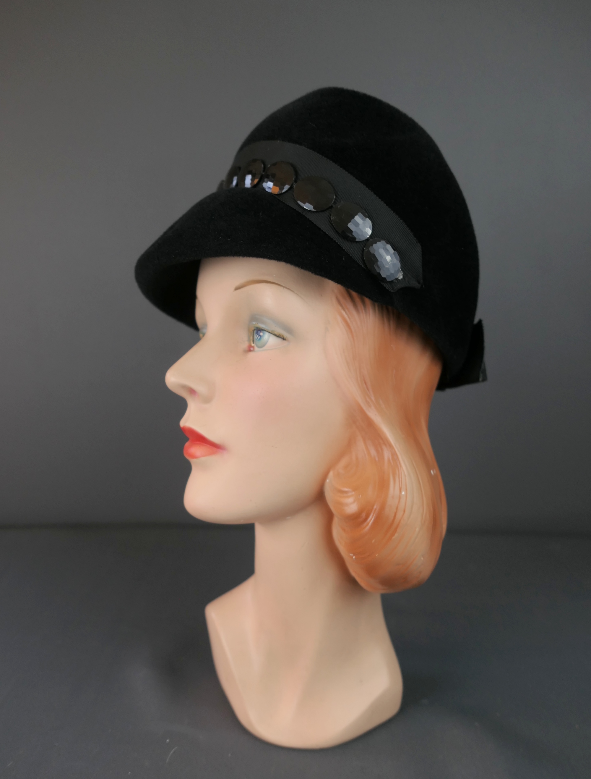 Vintage Black Plush Hat with Shiny Facet Cut Beads and Ribbon, 1960s ...