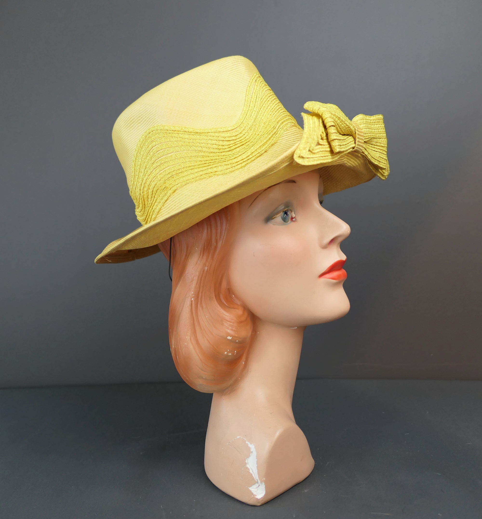 Vintage Yellow Straw Hat Wide Floppy Brim with Bow, 21 inch head, 1960s