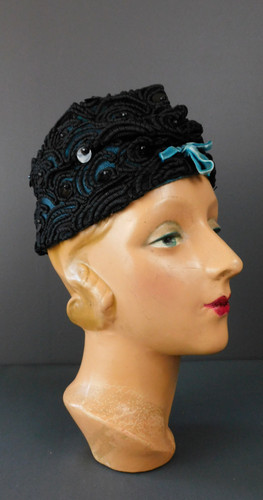 Vintage Black Ribbon Hat with Turquoise, Beads and Spangles, 1960s 22 ...