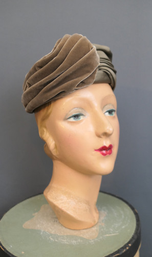 Vintage Velvet & Satin Hat, Light Brown Turban Style, 1960s, 21 inch head