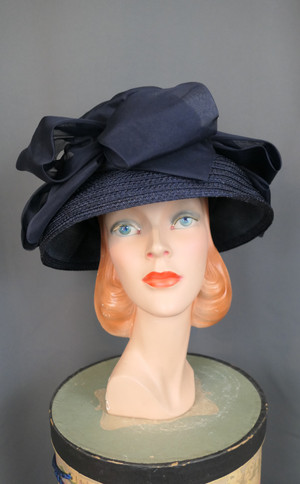 Vintage Navy Hat with Wide Brim and Dramatic Organza Loops 21 inch head