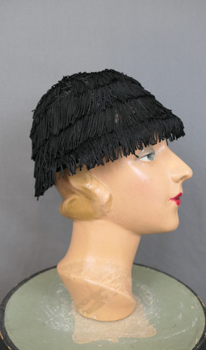 Fun Vintage Black Fringe Hat Evening Party 1960s, 21 inch head