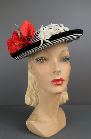 Vintage Black & White Straw Hat with Red Flowers, 1950s Tilt, Chanda ...