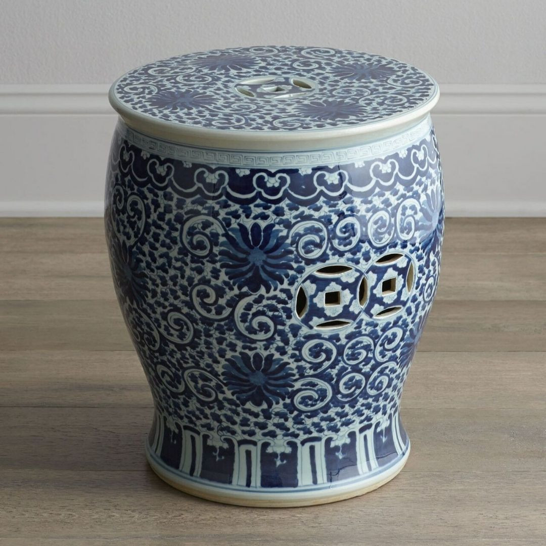 Sacred Lotus Blue and White Porcelain Garden Drum Stool