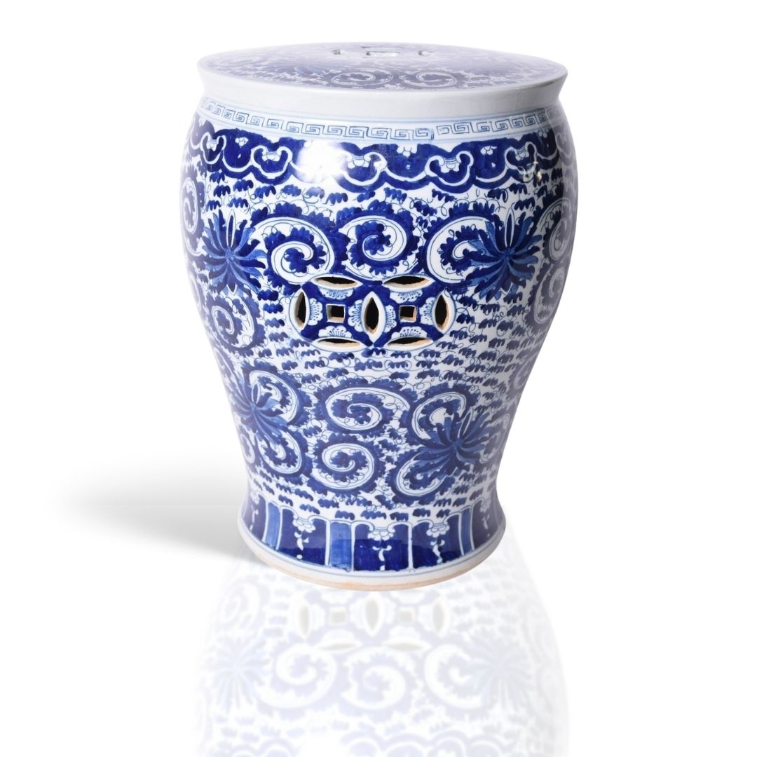 Sacred Lotus Blue and White Porcelain Garden Drum Stool