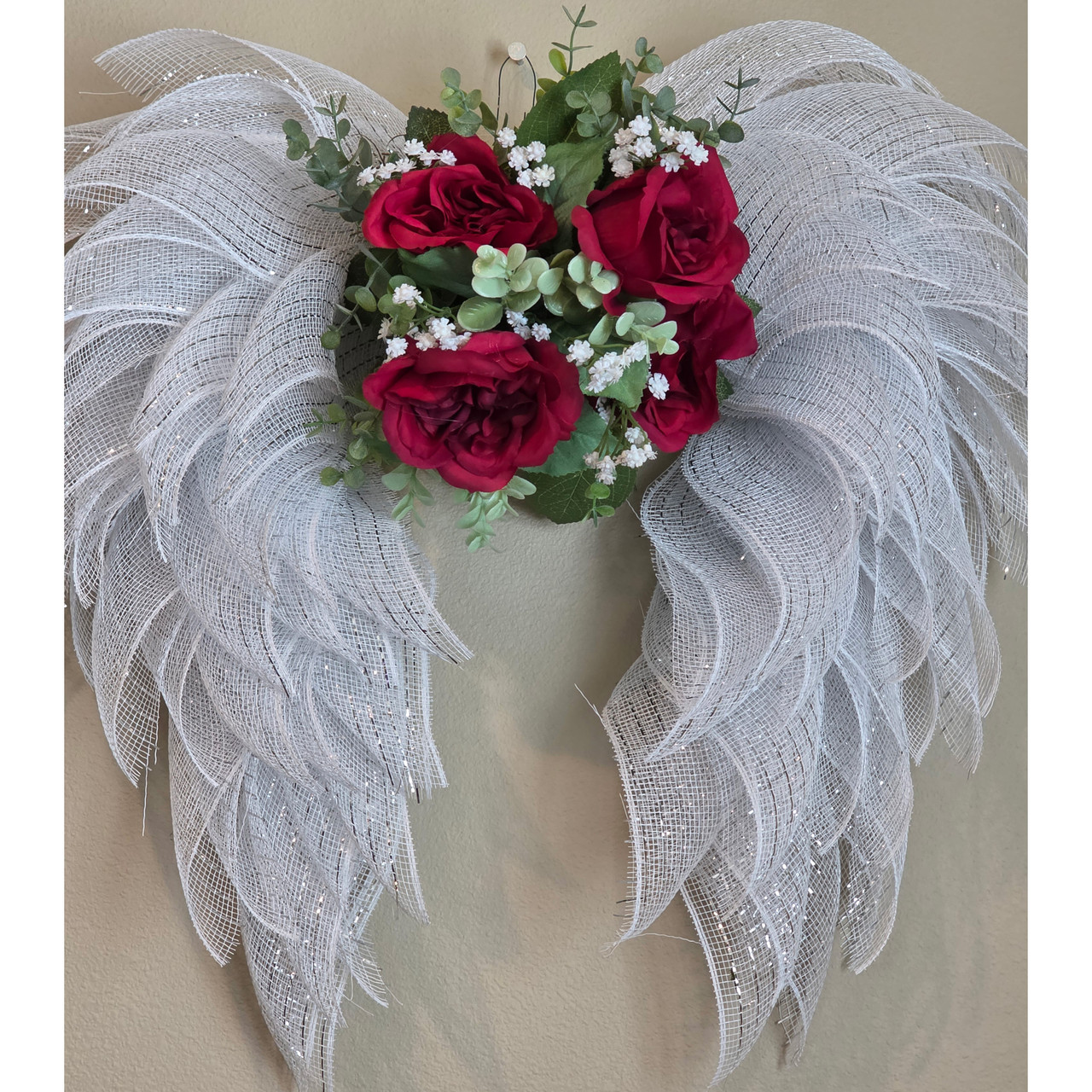 22" Decorative Mesh Angel Wing Wreath with Red Roses and White Wings ...
