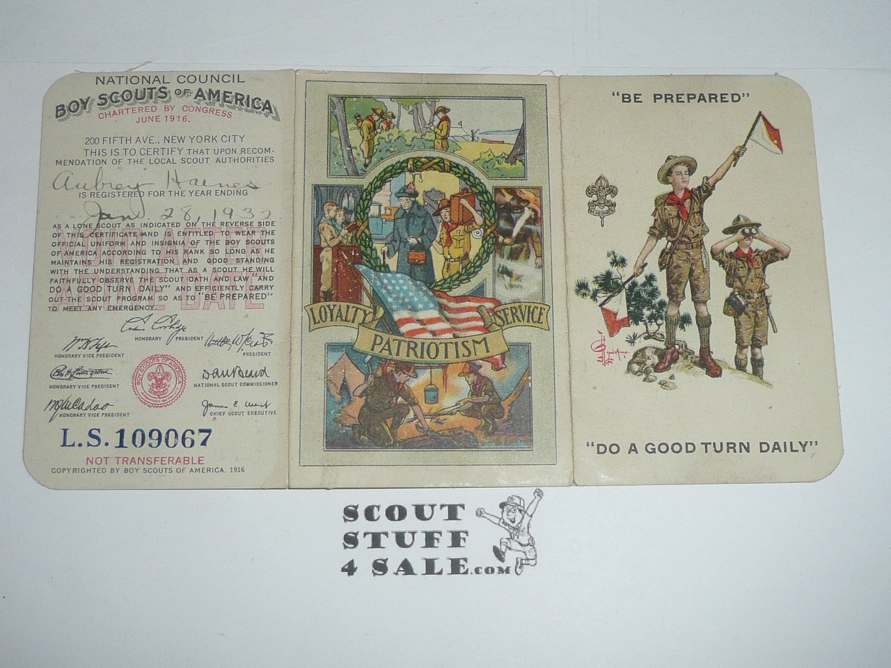 1932 Boy Scout LONE SCOUT Membership Card, 3-fold, with the Envelope, 7 ...