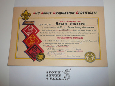 1956 Cub Scout Pack Graduation Certificate, presented
