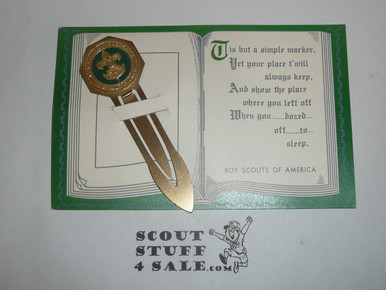 1950's Boy Scout Brass Bookmark on Card, green around emblem