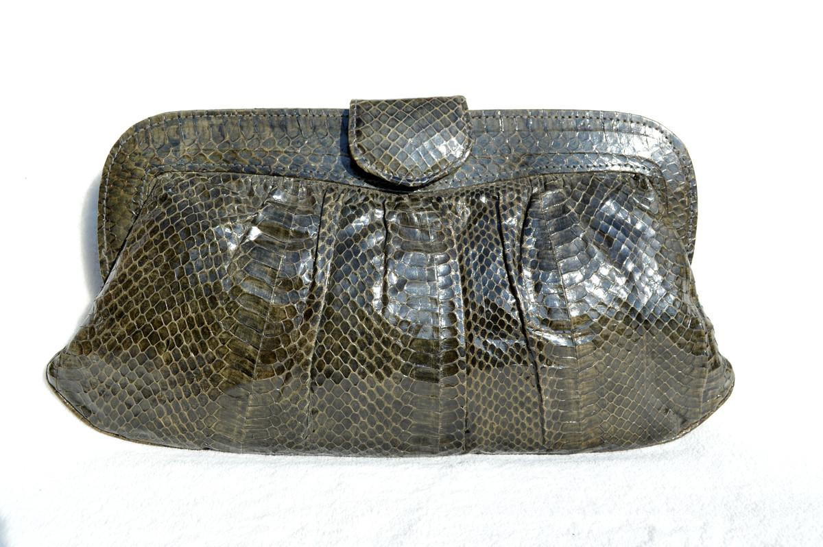 1970's-80's KALE Green COBRA Snake Skin CLUTCH Purse - Vintage Skins