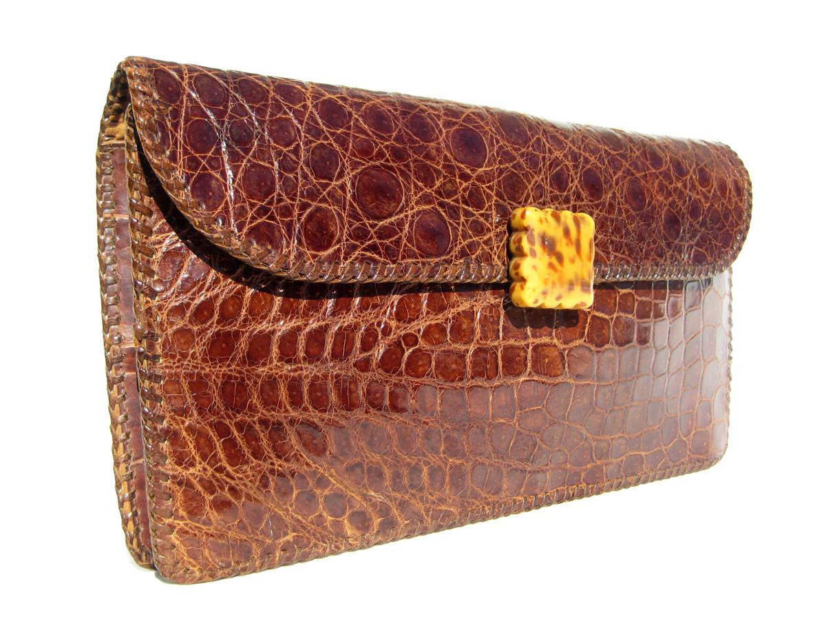 1940's Large Chocolate Alligator Clutch Bag w/BAKELITE Clasp - Vintage ...