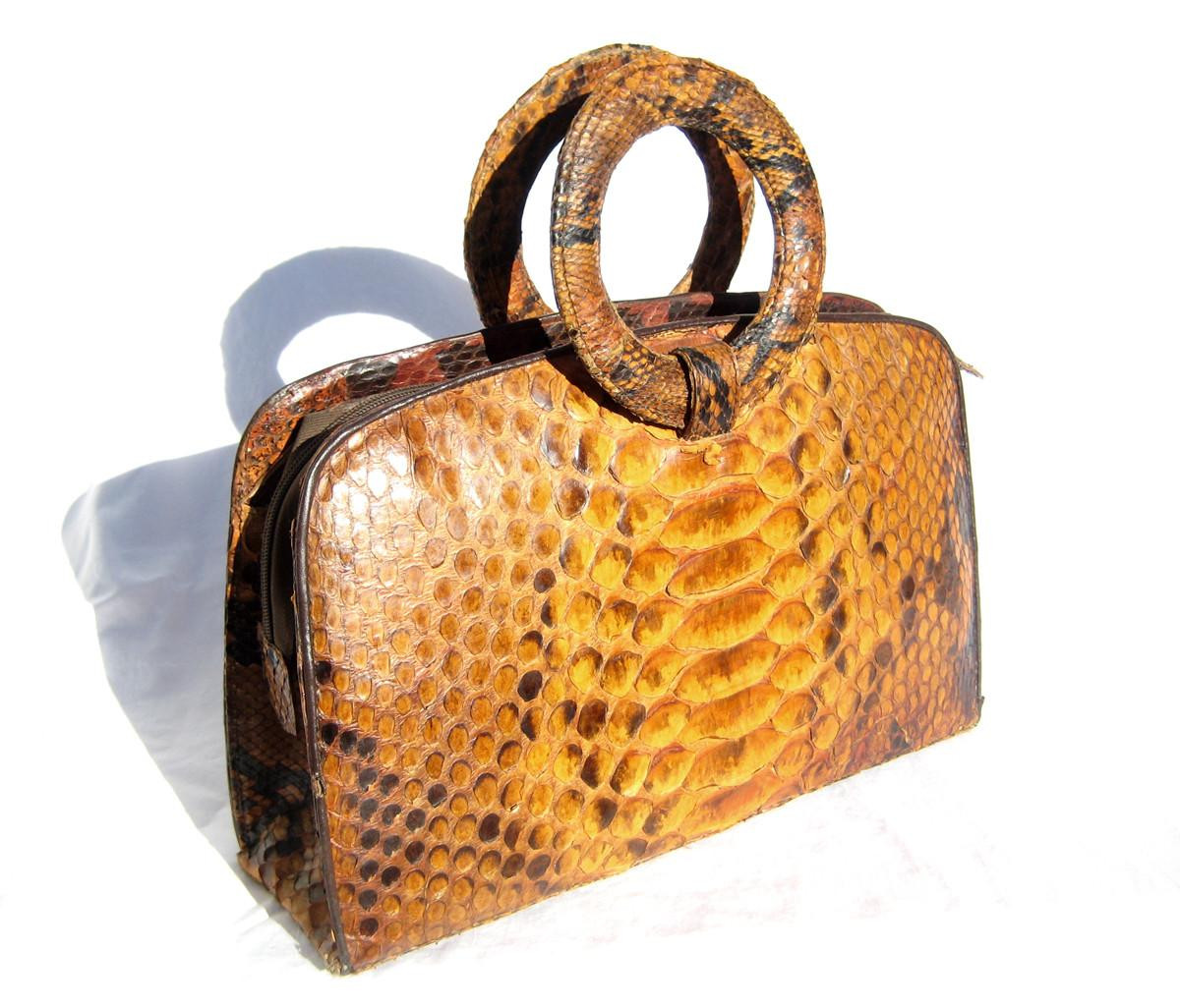 1960's XL ORANGE Python Snake Skin Handbag - Double ROUND Handles ...