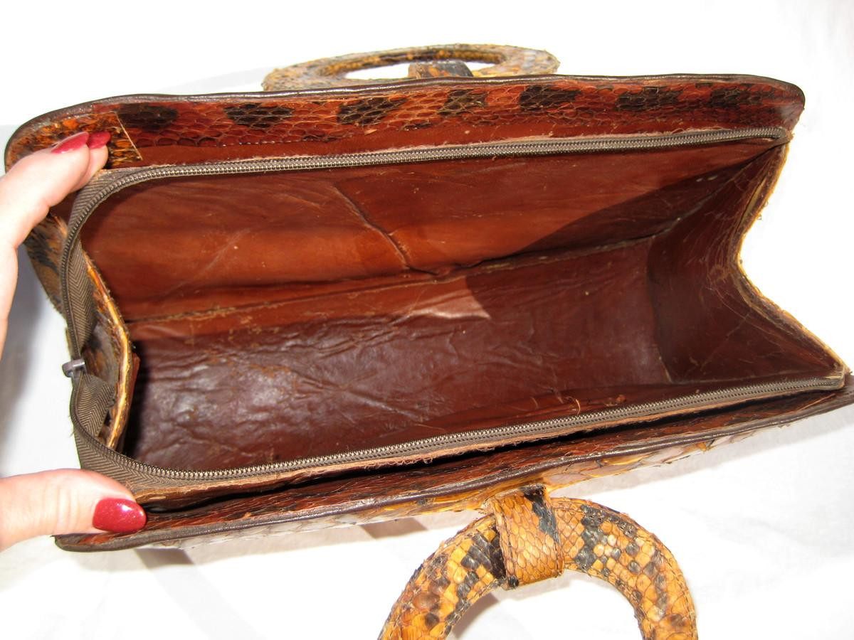1960's XL ORANGE Python Snake Skin Handbag - Double ROUND Handles ...