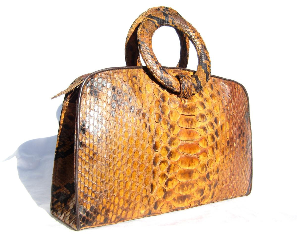 1960's XL ORANGE Python Snake Skin Handbag - Double ROUND Handles ...
