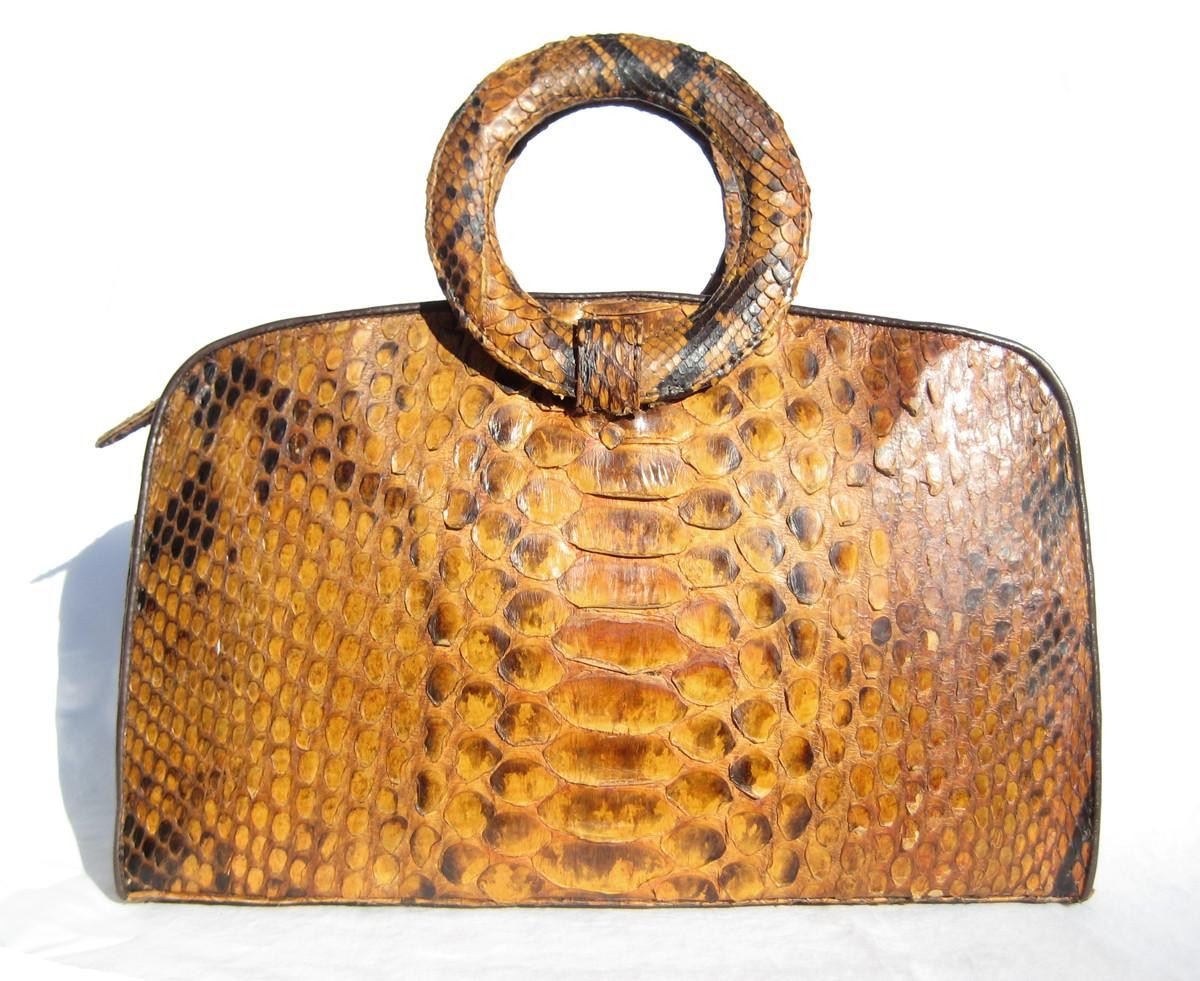 1960's XL ORANGE Python Snake Skin Handbag - Double ROUND Handles ...