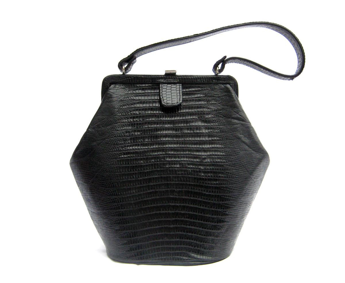 DECO 1950's Jet Black LIZARD Skin Handbag by Melbourne Bags - Vintage Skins