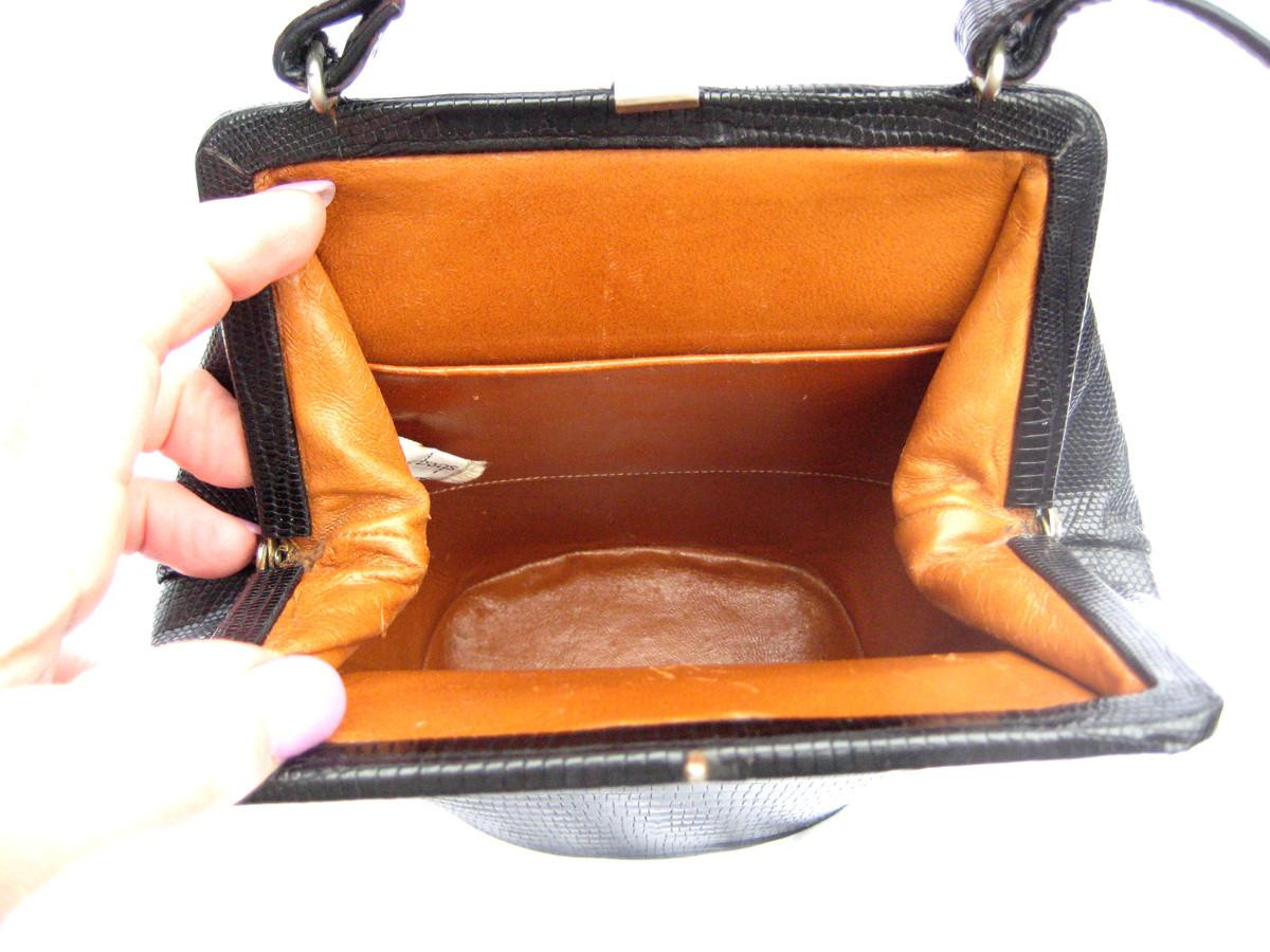 DECO 1950's Jet Black LIZARD Skin Handbag by Melbourne Bags - Vintage Skins