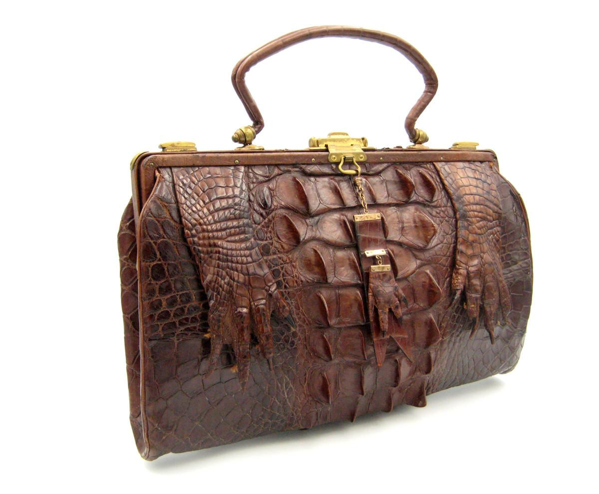 XL Early 1900's Chocolate Brown Edwardian Alligator Handbag w/Paws ...