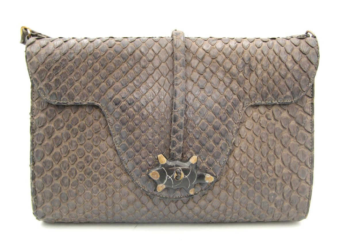Dark GRAY 1960's MATTE-Finish Snake Skin Shoulder Bag w/Turtle - MANON ...