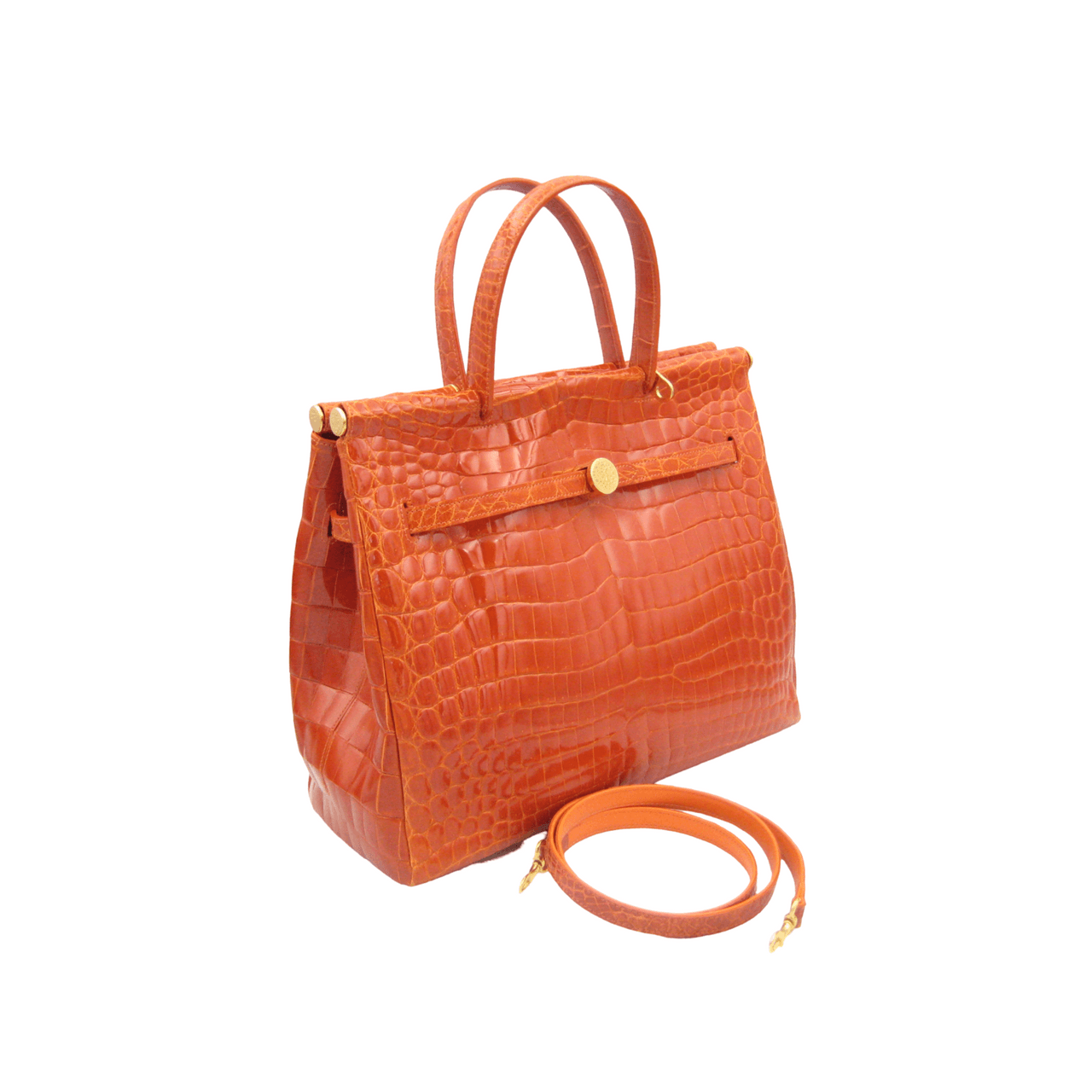 Remarkable 2020's Bright ORANGE Belted Crocodile Belly Skin Handbag ...
