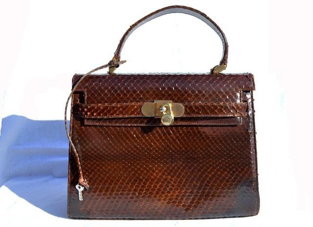 XL 1970's-80's Brown PYTHON Skin BIRKIN Style Bag with Lock & Key ...