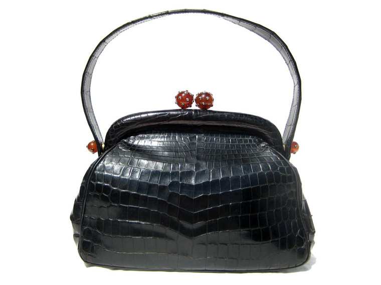 Jet Black 1960's Alligator Belly Skin Handbag w/Bakelite Details ...