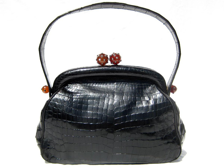Jet Black 1960's Alligator Belly Skin Handbag w/Bakelite Details ...