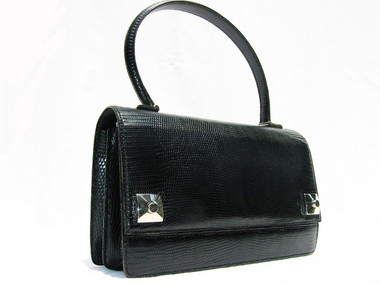 LEDERER 1950's-60's BLACK Lizard Skin Handbag w/ Silver Hardware ...